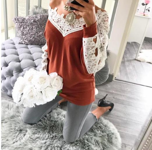 Women Lace Patchwork Solid Casual Sweatershirt on Luulla